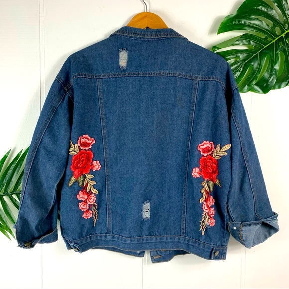 Jackets & Coats | Jean Jacket Rose Embroidered Oversized Denim Large ...